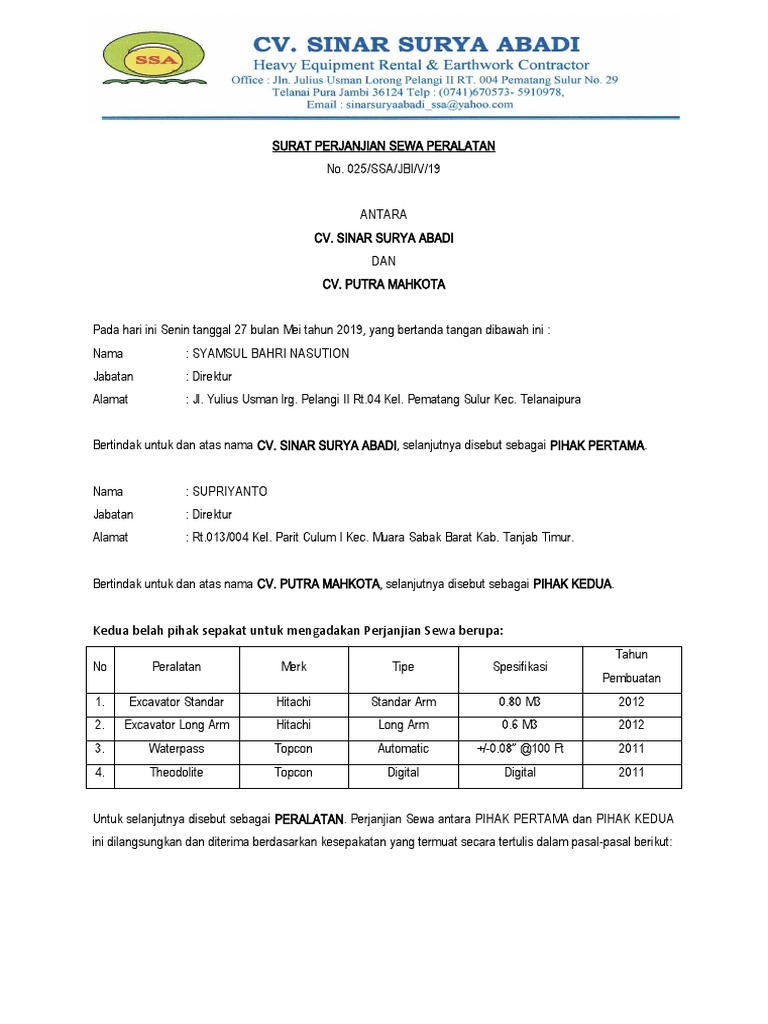 Surat Perjanjian Sewa Peralatan | PDF