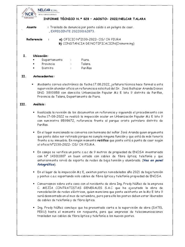 028 - Agos - 2022 - Nelcar Informe Inspeccion Por Denuncia Por Poste Caido o en Peligro de Caer ...