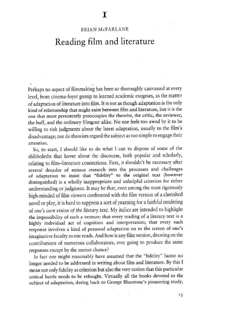 Brian McFarlane. Reading Film and Literature | PDF