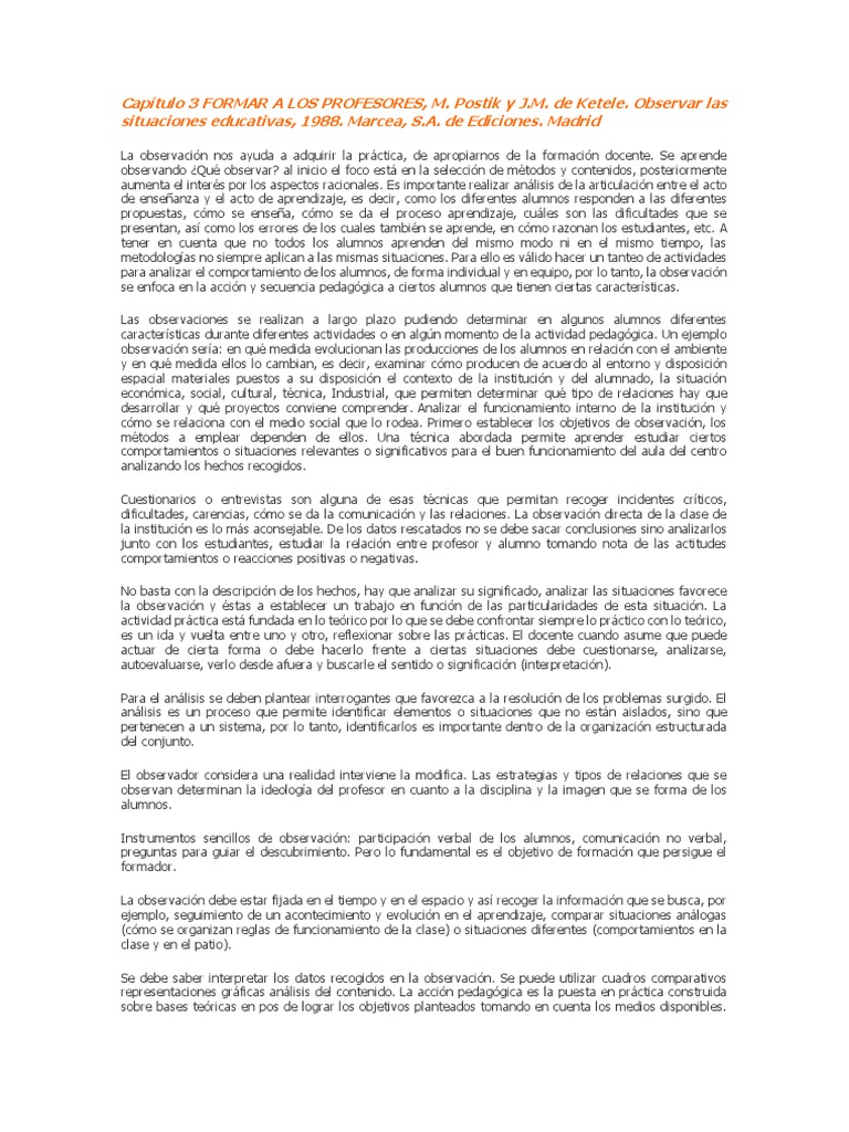 Formar A Los Profesores Capítulo 3 M. Postik y J.M. de Ketele. | PDF ...