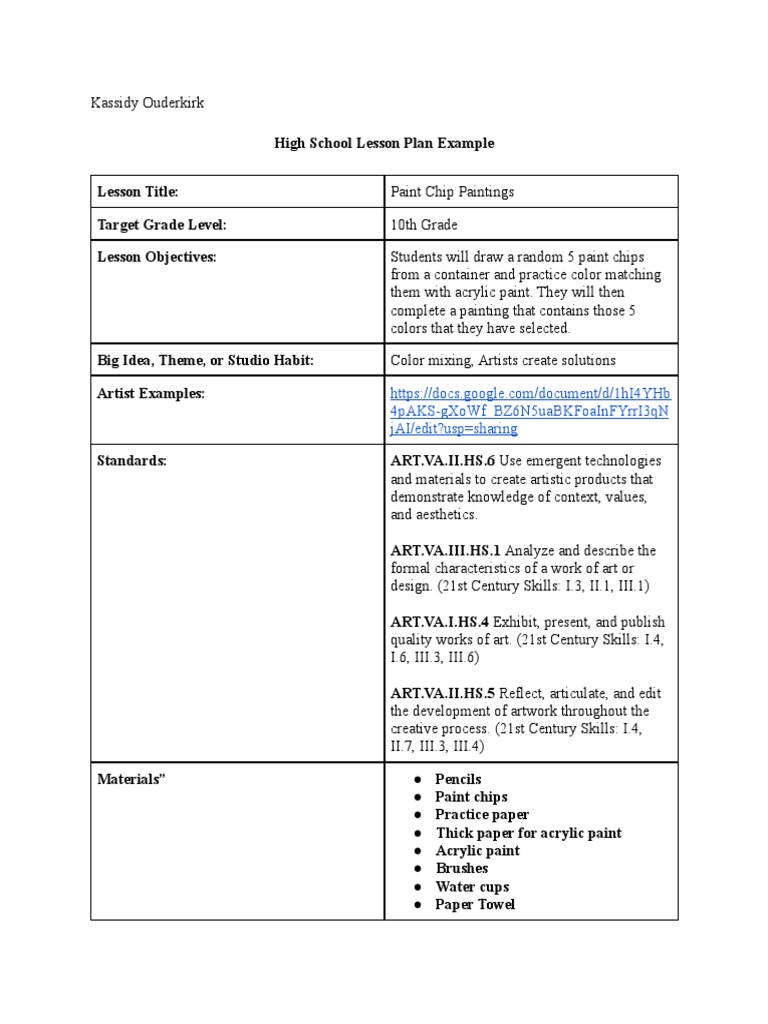 High School Lesson Plan Example | PDF | Paintings | Paint