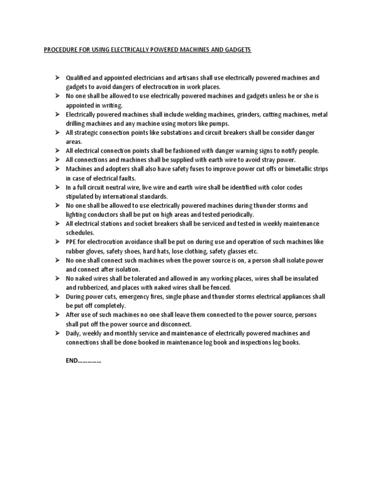 Procedure For Using Electrically Powered Machines and Gadgets | PDF