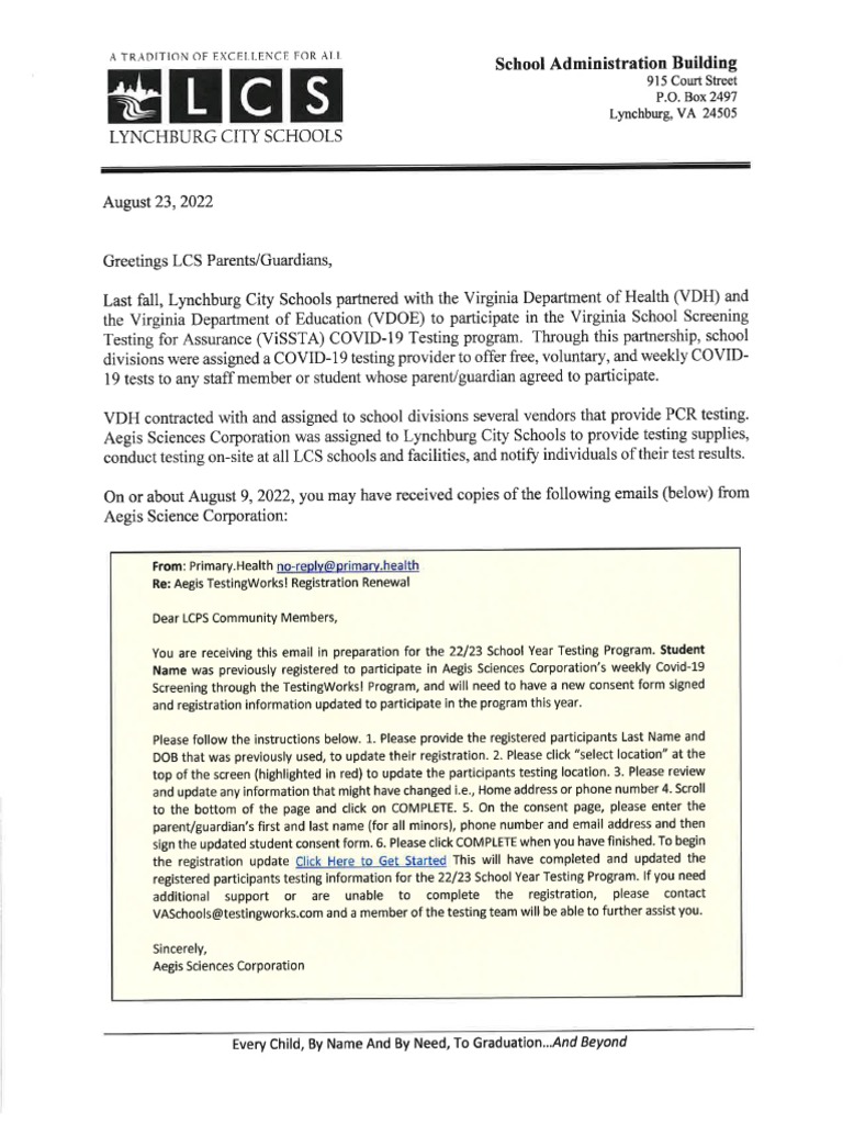 Lynchburg City Schools Letter Sent On August 23, 2022 | PDF