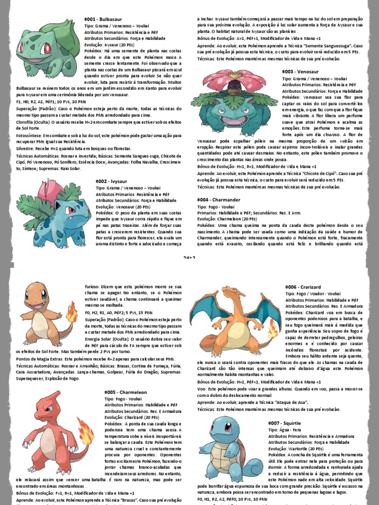 Descrições detalhadas de Pokémons da primeira geração | PDF