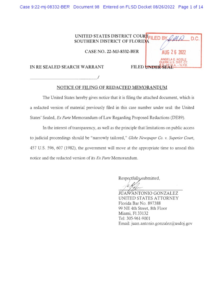 DOJ - Notice of Filing of Redacted Memorandum - 8-26-22 | PDF ...