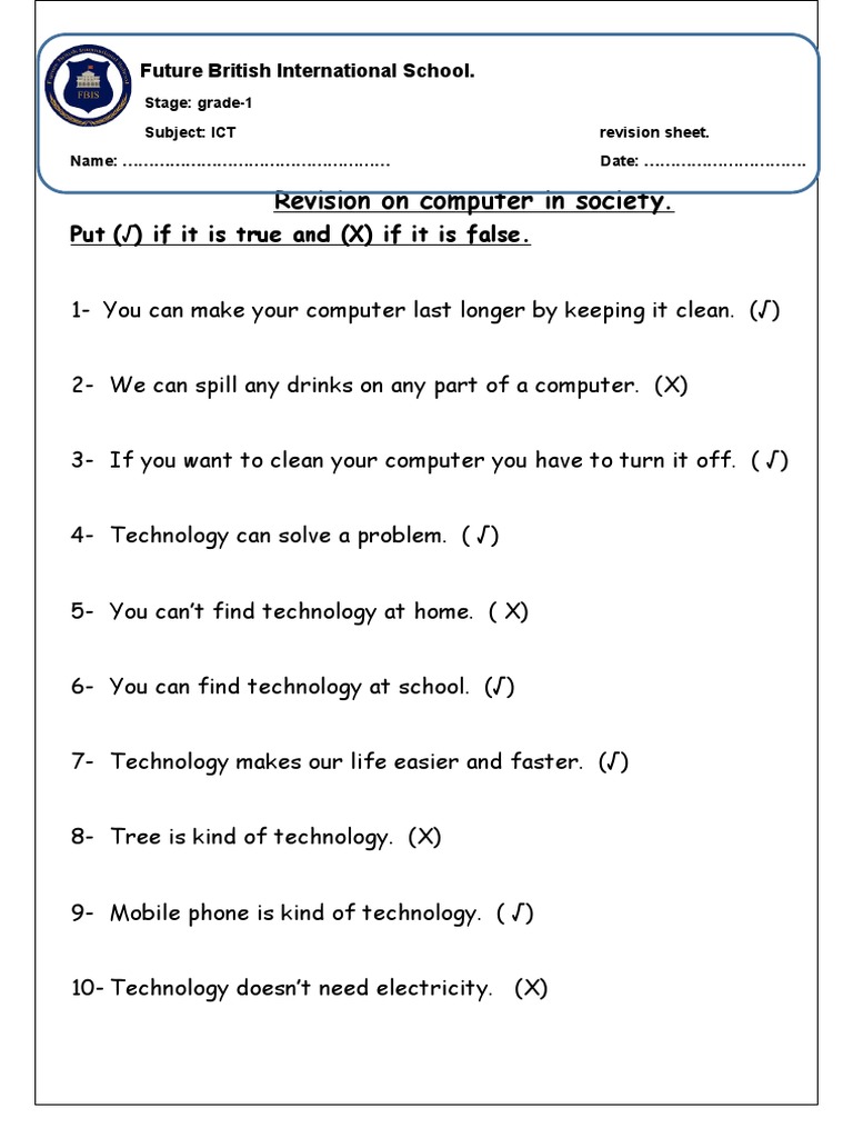 Grade 1 ICT Revision: Computer in Society | PDF