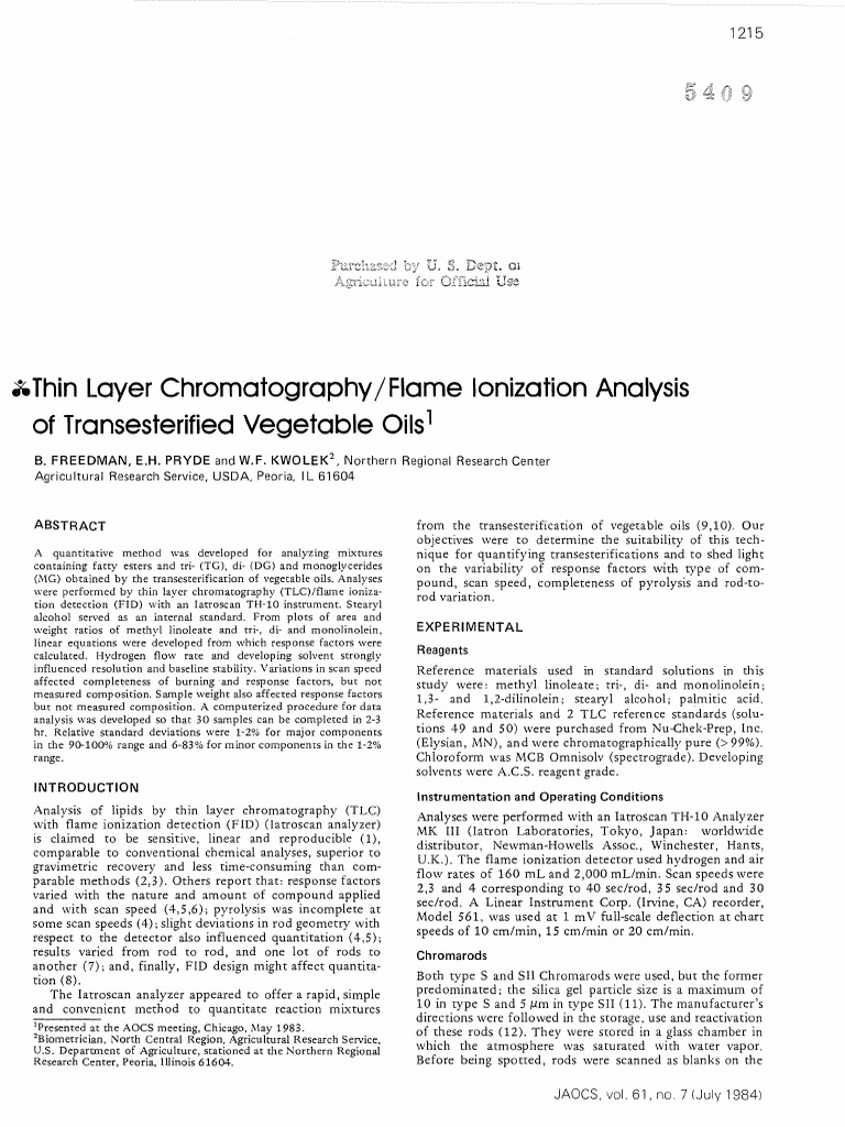 Thin Layer Chromatography Flame Ionization Analysis On Transesterified Vegetable Oils Pdf