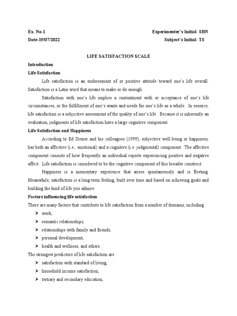 Life Satisfaction Scale Assessment | PDF | Self Esteem | Affect ...