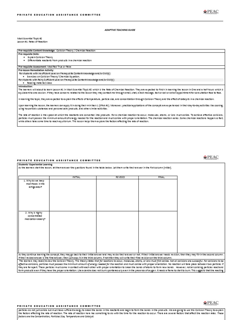 Adaptive Teaching Guide: Pre-Requisite Content Knowledge: Collision Theory / Chemical Reaction ...