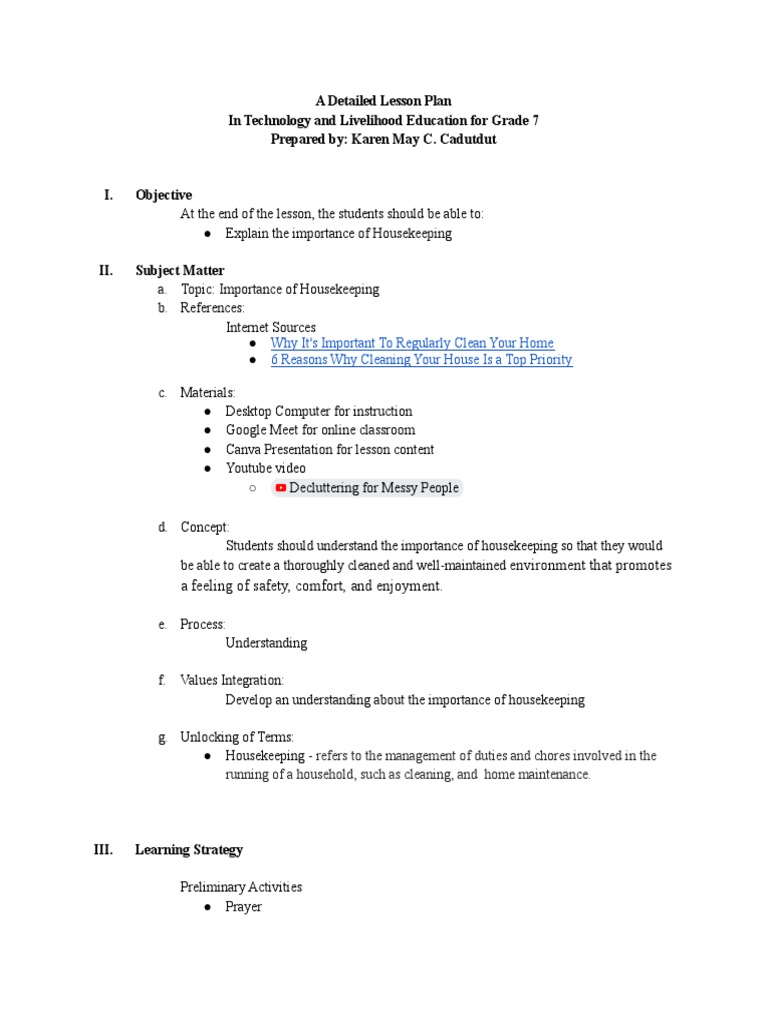 Lesson Plan in TLE Grade 7 - Housekeeping | PDF | Lesson Plan | Teachers