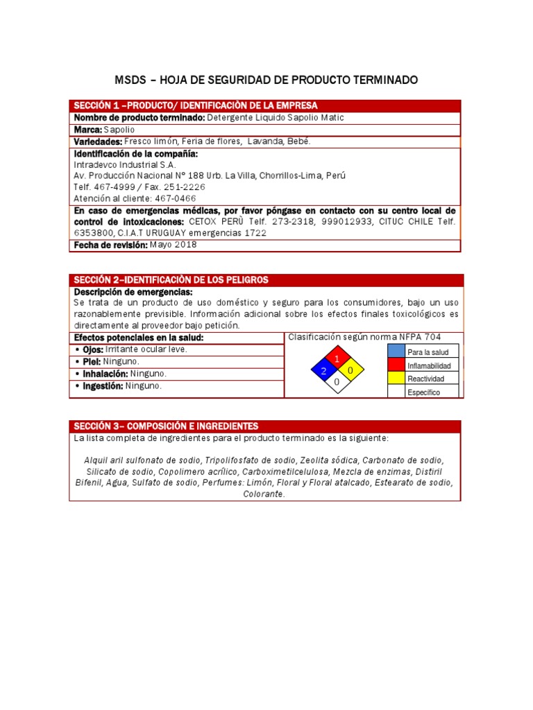 MSDS Detergente Sapolio Liquido | PDF | Detergente | Residuos