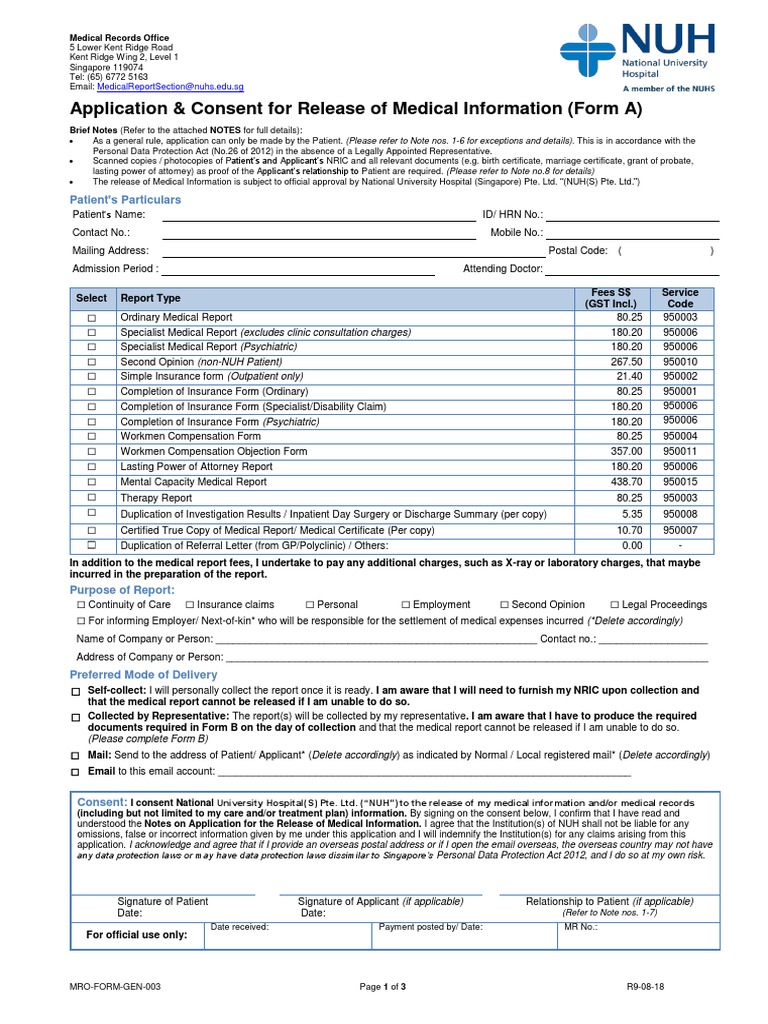 Application & Consent For Release of Medical Information (Form A) | PDF ...