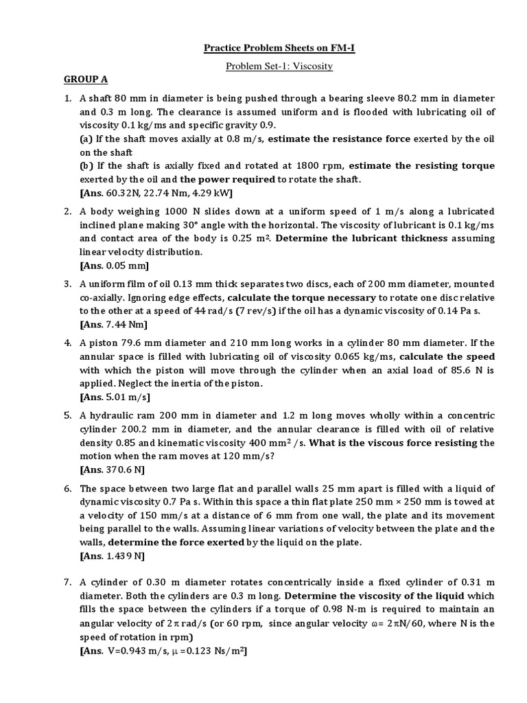 Practice Problem Sheets On FM-I Group A | Download Free PDF | Viscosity | Shear Stress