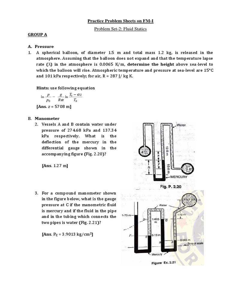 Practice Problem Sheets On FM-I Group A A. Pressure | PDF