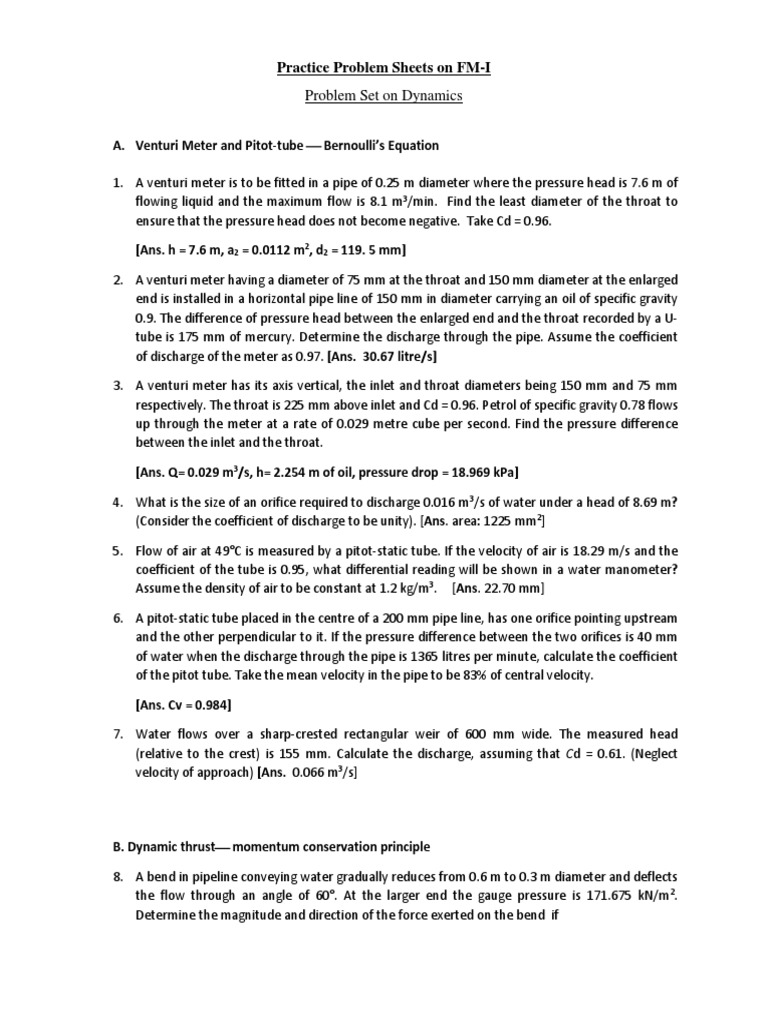 Practice Problem Sheets On FM-I: A. Venturi Meter and Pitot-Tube ...