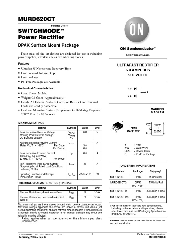 MURD620CT Switchmodet Power Rectifier: DPAK Surface Mount Package | PDF ...