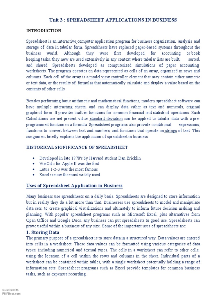 Unit 3 Spreadsheet and Its Applications in Business | PDF | Spreadsheet ...