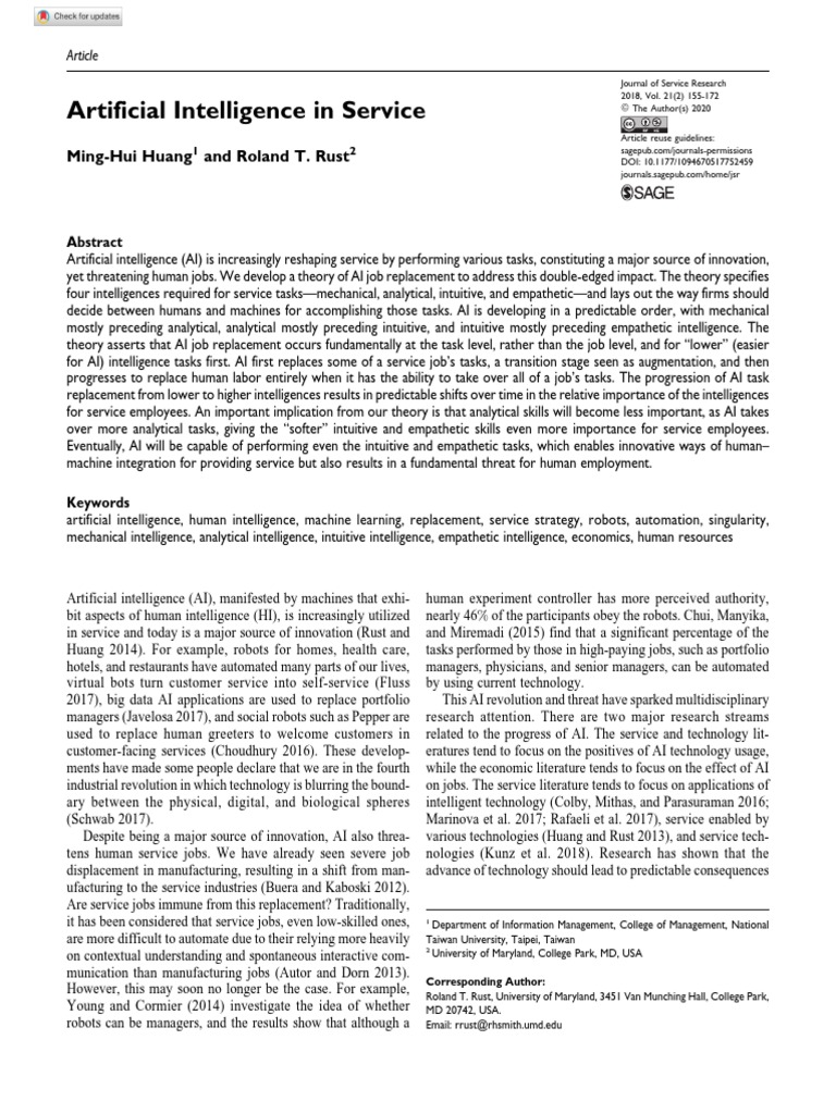 Artificial Intelligence in Service: Ming-Hui Huang and Roland T. Rust ...