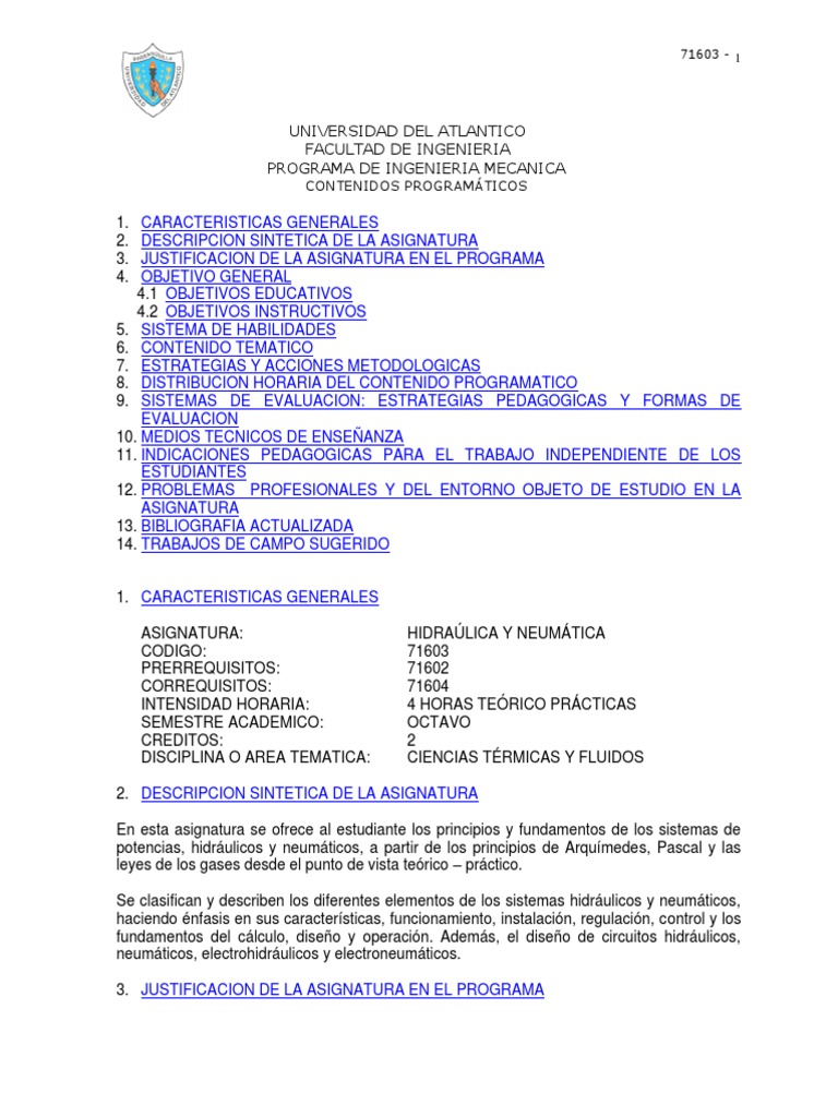 Contenidos programáticos de la asignatura Hidráulica y Neumática para el programa de Ingeniería ...