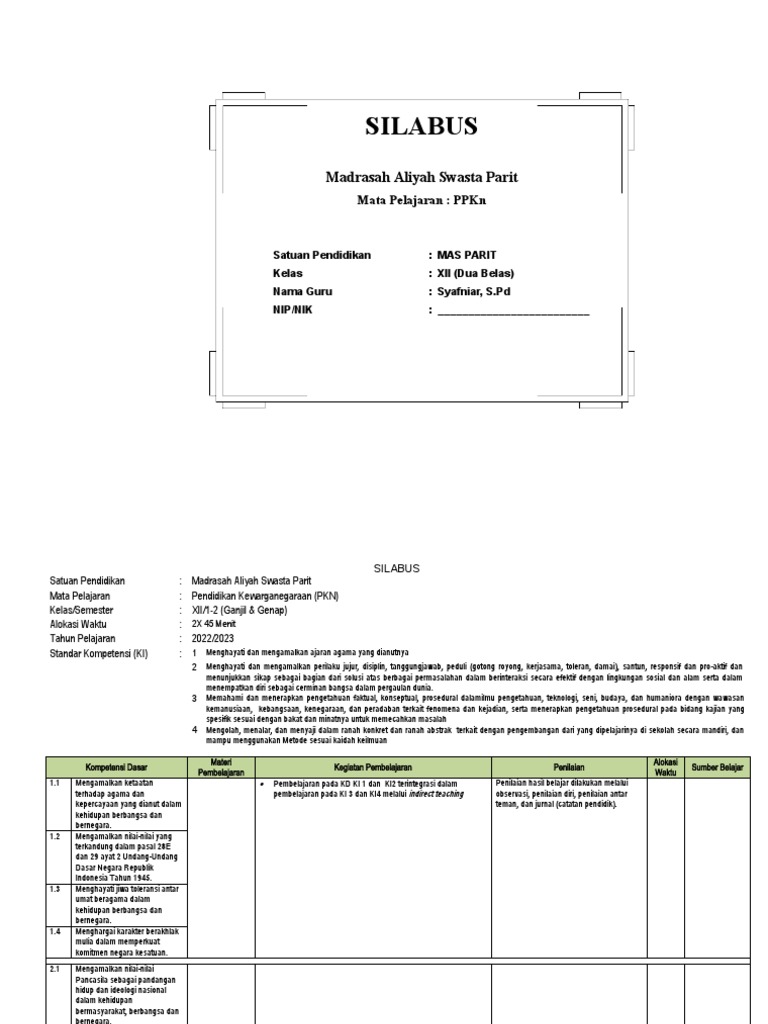 SILABUS PPKN Kelas XII Sem 1 | PDF | Sains & Matematika