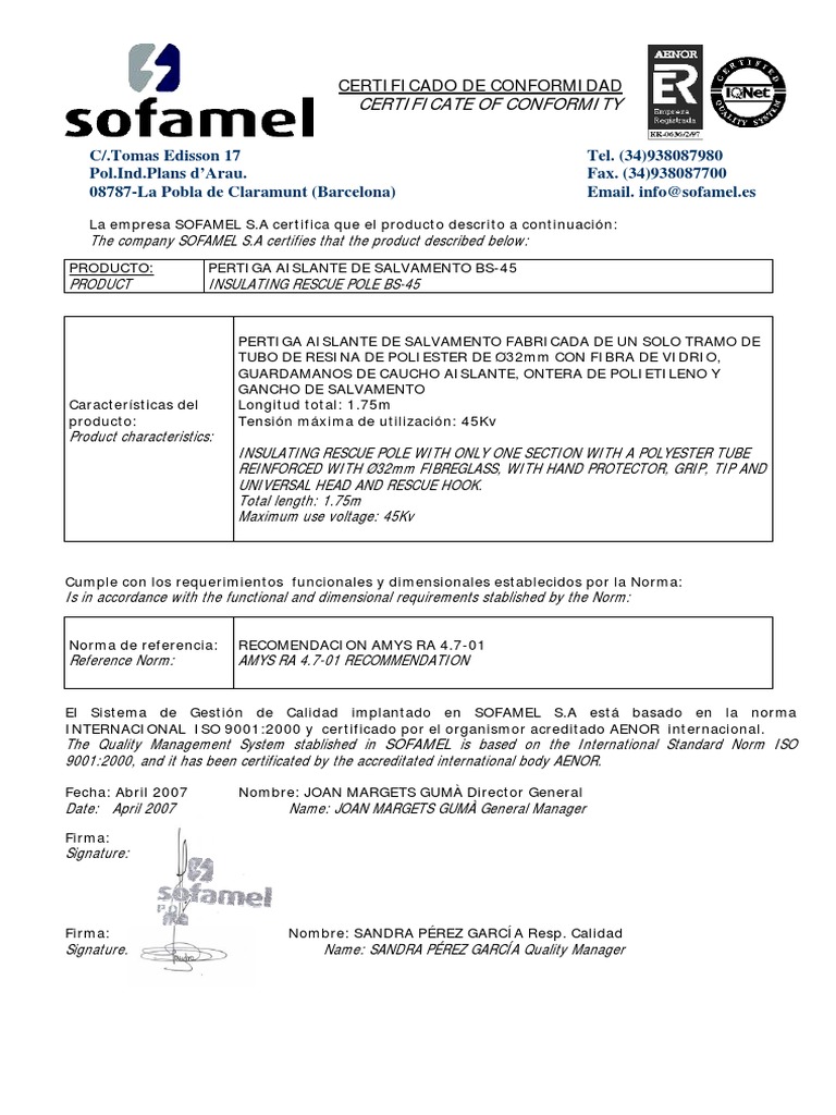 Certificado Pertiga Media Tension | PDF