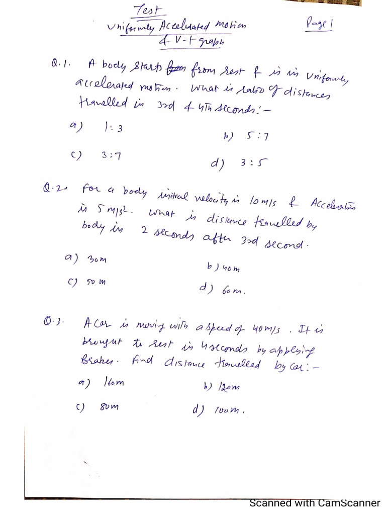 Uniformly Accelerated Motion and V-T Graph Test | PDF