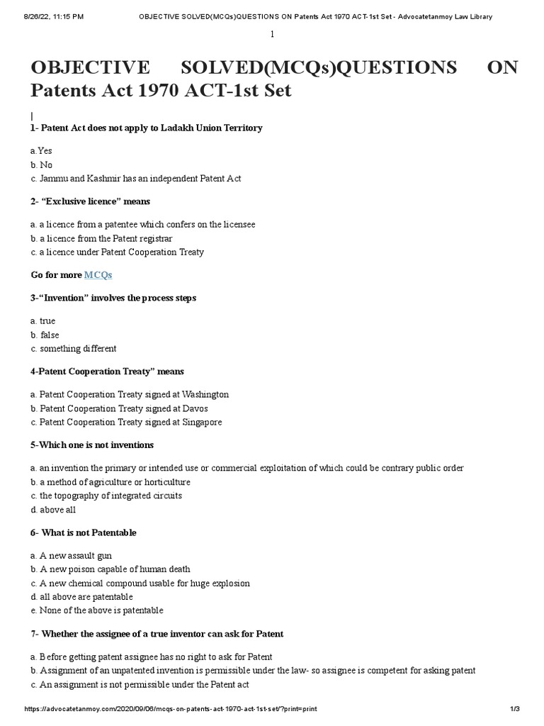 Objective Solved MCQs on Patents Act 1970 Act with Answers ...