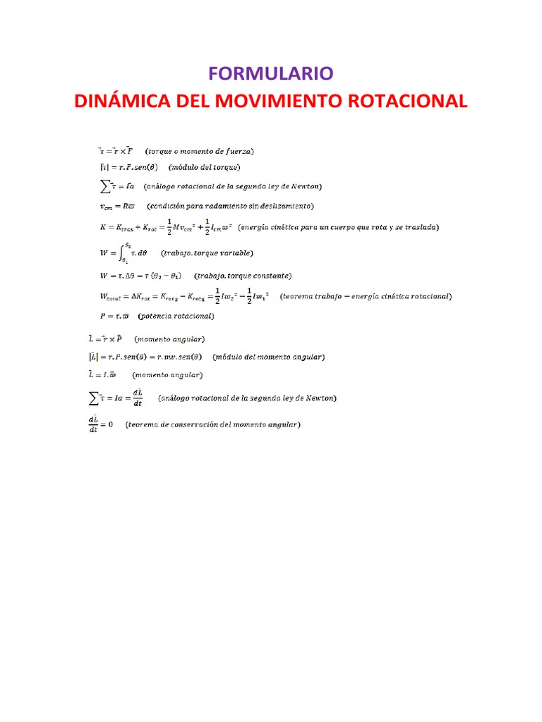 Formulario - Dinámica Del Movimiento Rotacional | PDF