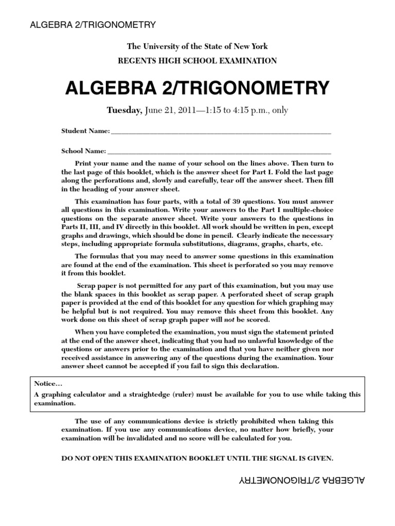 June 2011 Algebra 2/Trigonometry Exam | PDF | Trigonometric Functions ...