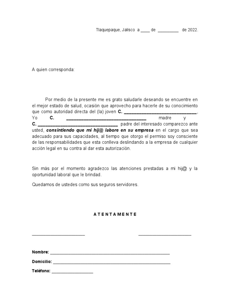 Carta de Permiso Laboral para El Menor | PDF