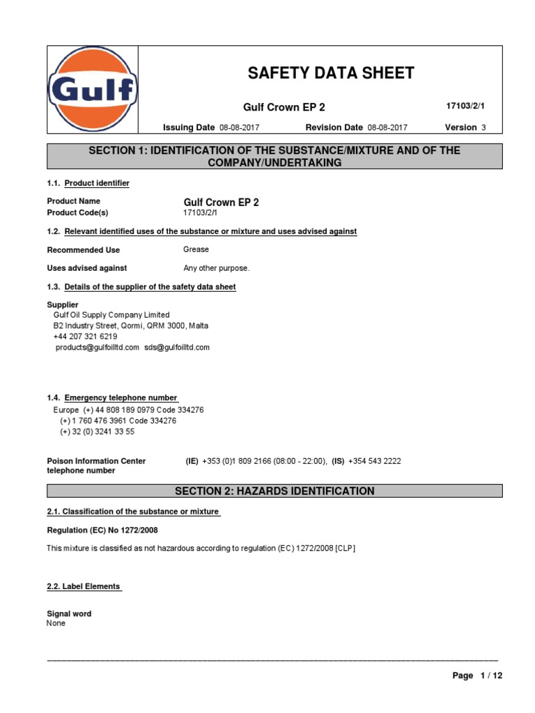 Safety Data Sheet: Gulf Crown EP 2 | Download Free PDF | Dangerous Goods | Personal Protective ...