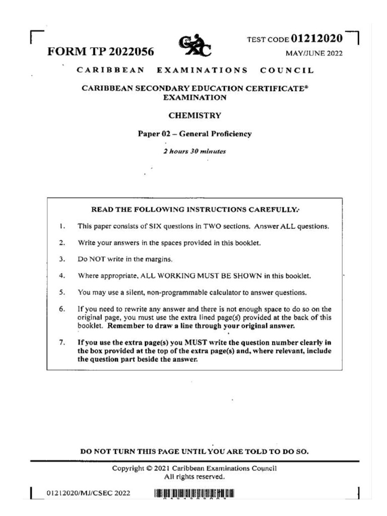 CSEC Chemistry Paper 2 June 2022 | PDF
