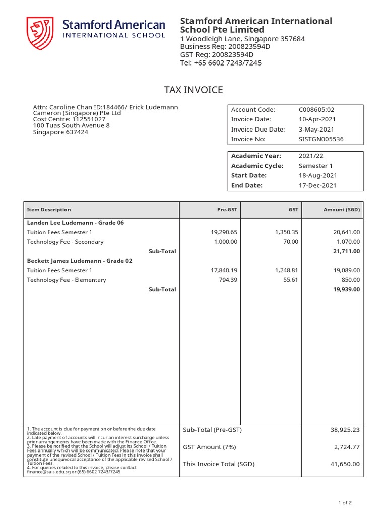 Stamford American School Invoice 2021 | PDF | Payments | Credit Card