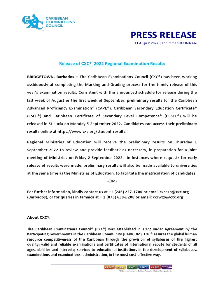 CXC 2022 Exam Results Release Announcement | PDF | West Indies ...