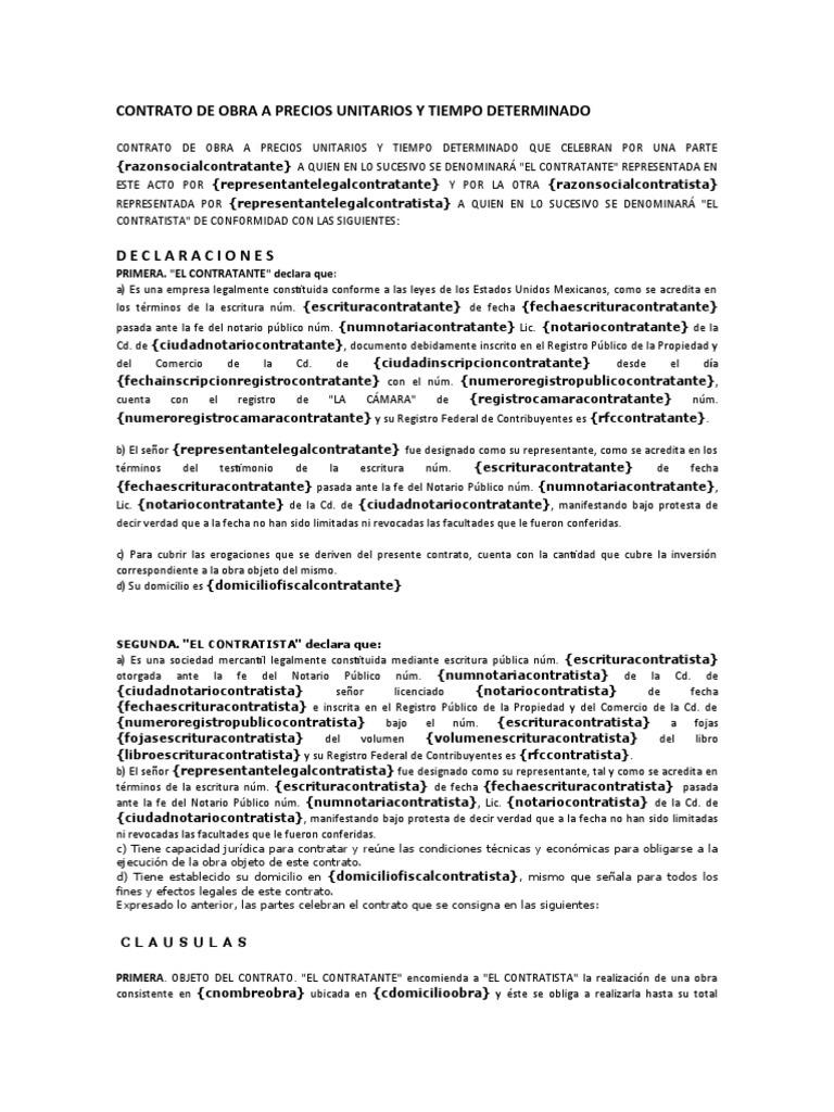 Contrato de Obra A Precios Unitarios y Tiempo Determinado | PDF | Justicia | Crimen y violencia