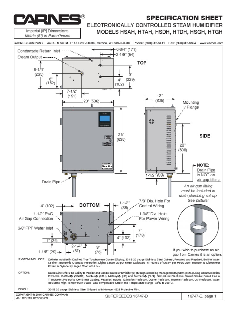 Specification Sheet: Electronically Controlled Steam Humidifier Models ...