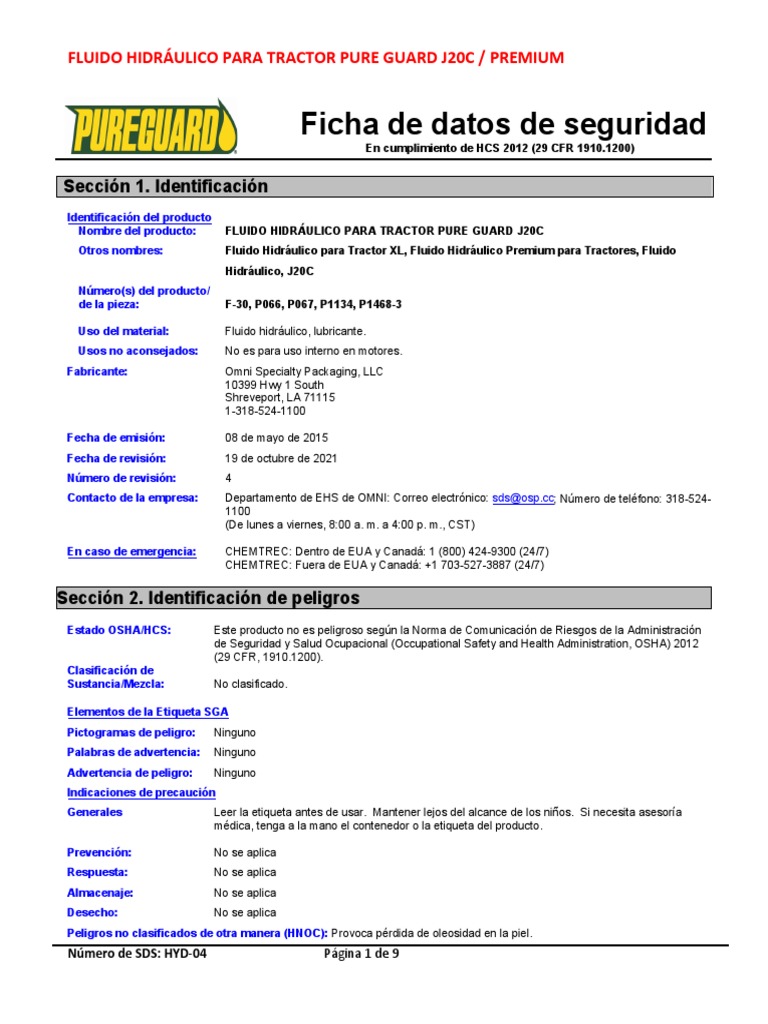 Fluido Hidráulico para Tractor Pure Guard J20C | PDF | Residuos | Reciclaje