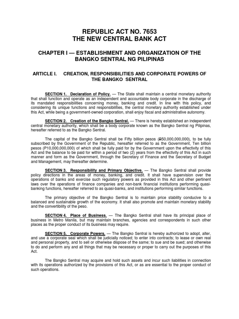 Bangko Sentral ng Pilipinas Act Overview | PDF | Receivership ...