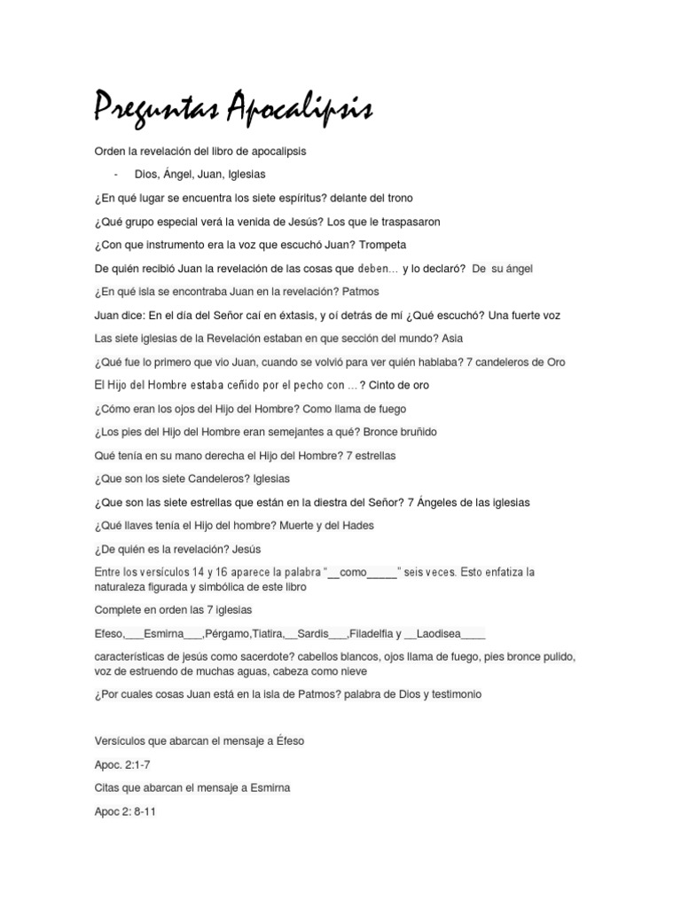 Preguntas Apocalipsis | PDF | Libro de revelación | Creencia religiosa y doctrina