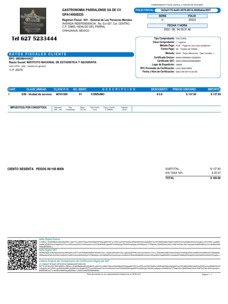 Datos Fiscales Cliente: Gastronomia Parralense Sa de CV GPA140508225 ...