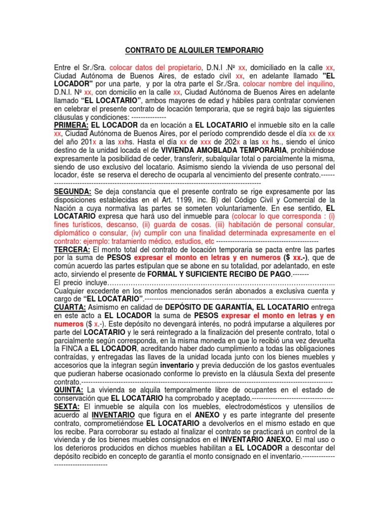 Contrato de Alquiler Temporario | Descargar gratis PDF | Propiedad ... Contrato de Alquiler Temporario | Descargar gratis PDF | Propiedad ...