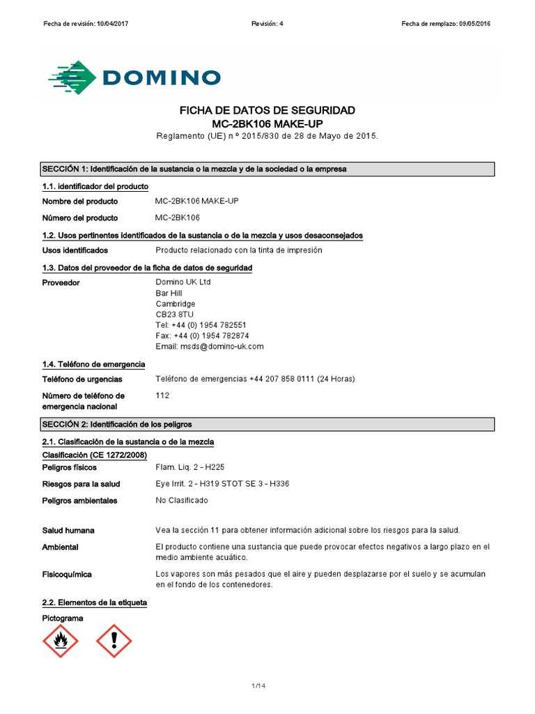 Ficha de datos de seguridad para MC-2BK106 MAKE-UP | PDF | Agua | Dióxido de carbono