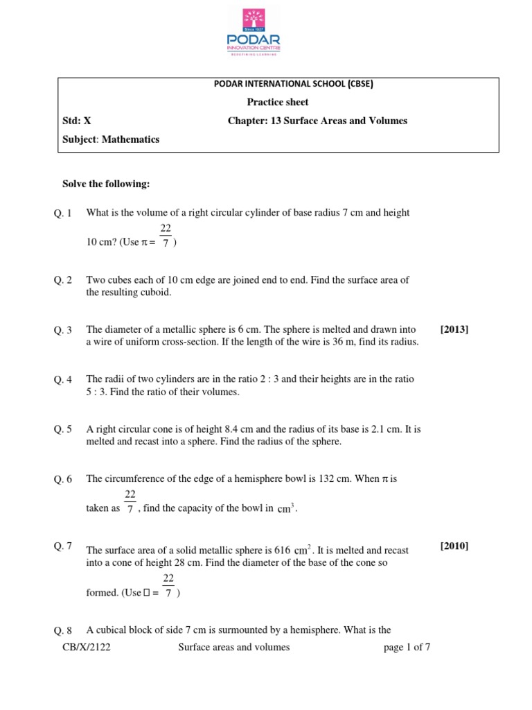Practice Sheet STD: X Chapter: 13 Surface Areas and Volumes Subject ...