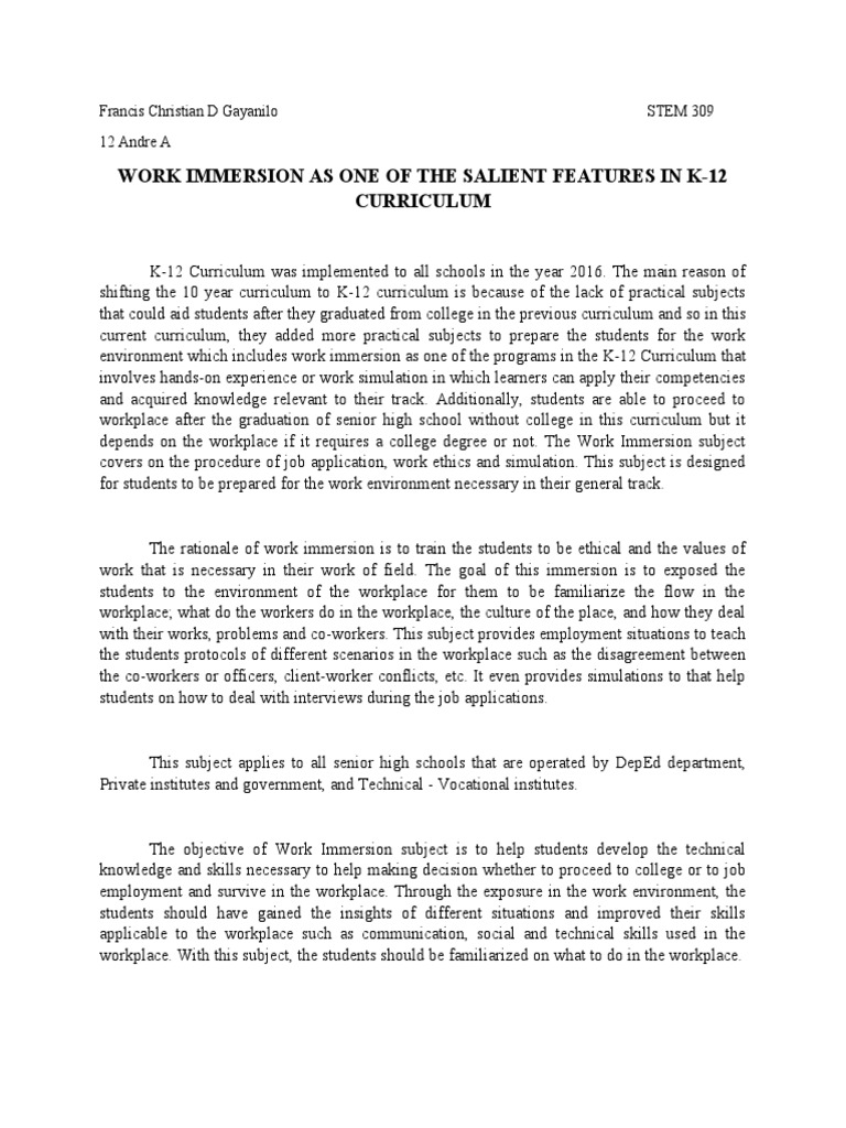 Work Immersion As One of The Salient Features in K-12 Curriculum | PDF ...