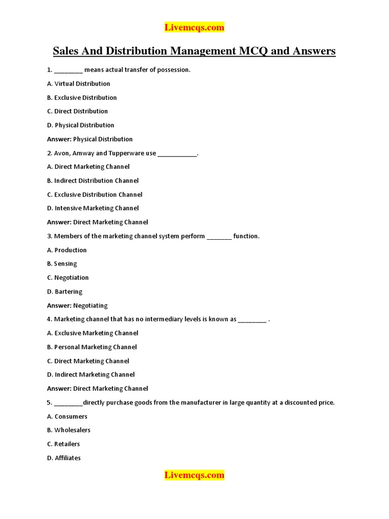 Sales and Distribution Management MCQ and Answers PDF Download | PDF ...