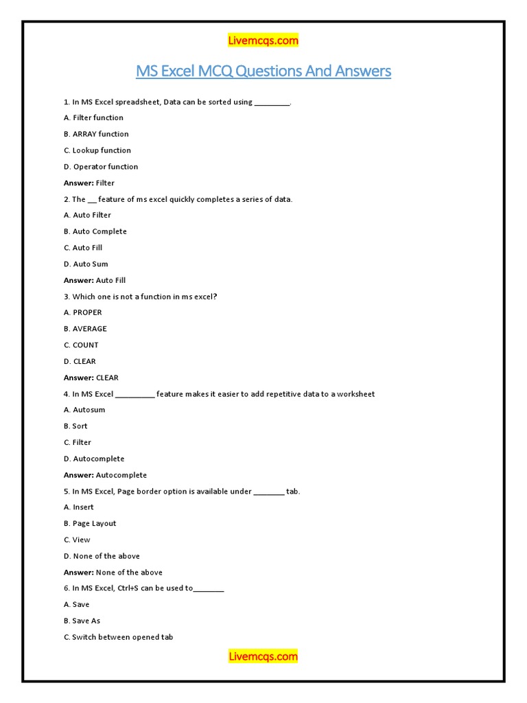 MS Excel MCQ Questions and Answers PDF | PDF | Microsoft Excel ... MS Excel MCQ Questions and Answers PDF | PDF | Microsoft Excel ...