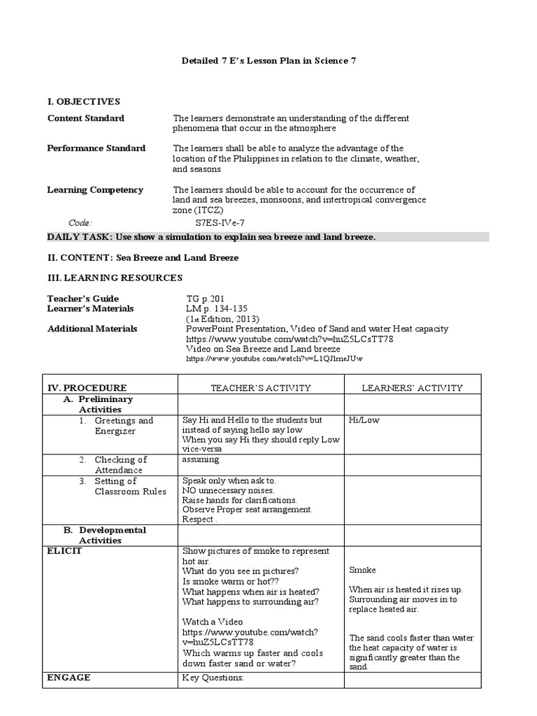Sea and Land Breeze Lesson Plan | PDF | Sea | Learning