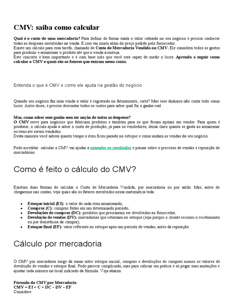 Como calcular o CMV em 4 passos | PDF | Contabilidade | Impostos