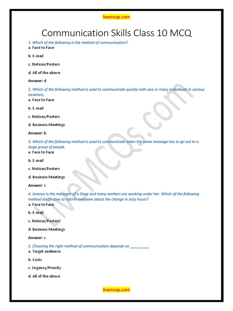 Communication Skills Class 10 MCQ | PDF | Communication | Part Of Speech