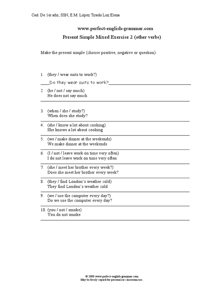 Present Simple Mixed Exercise 2 (Other Verbs) : Cad. de 1er Año, SSN, E ...